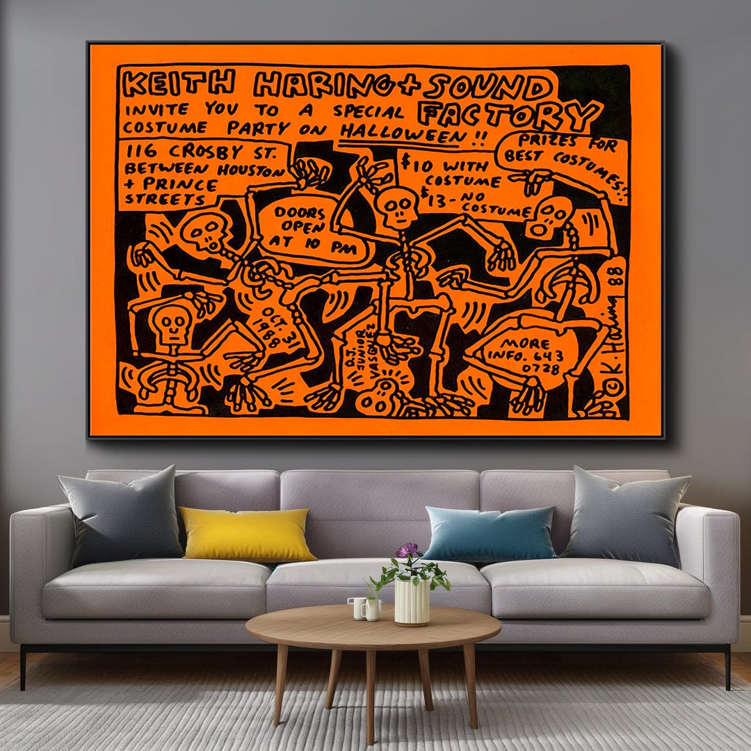Keith Haring "halloween Party" Canvas Painting Vibrant Orange Skeleton ...