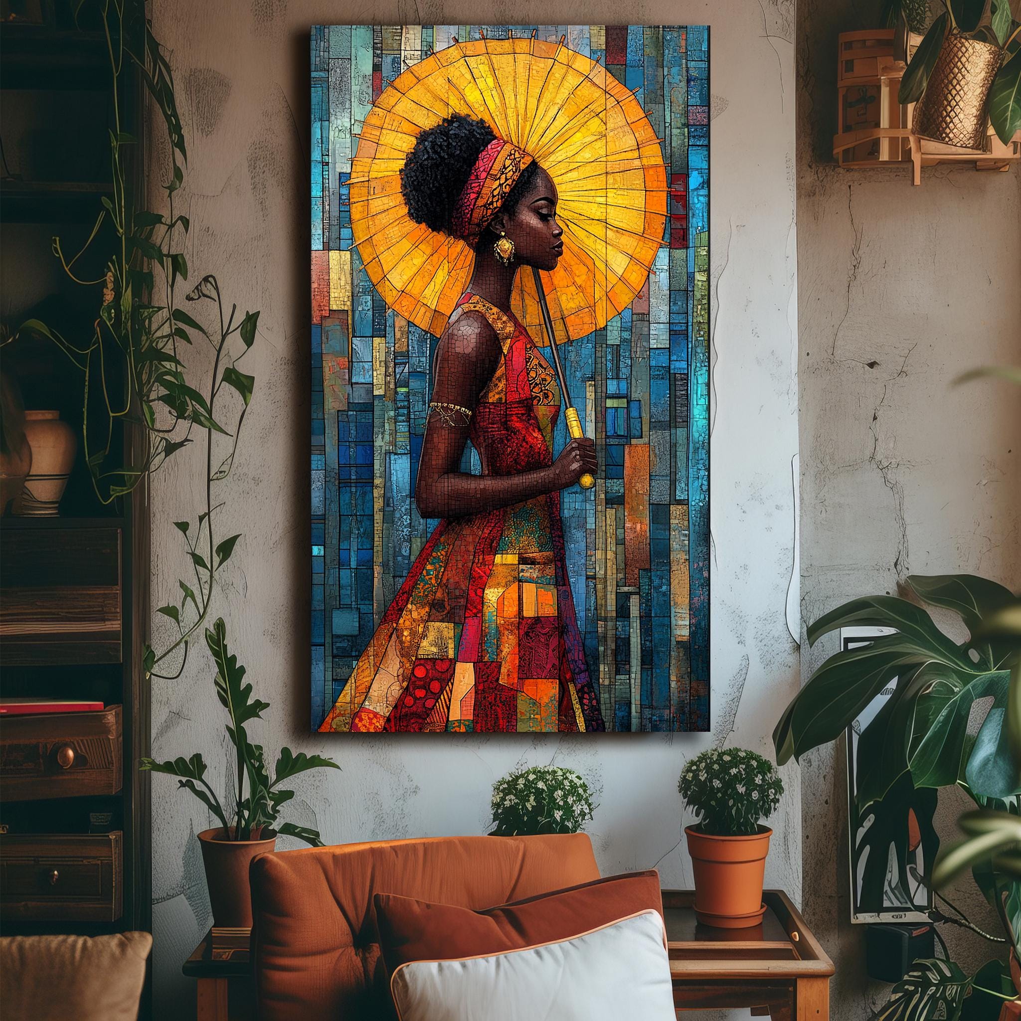 Elegant African Woman With Bright Parasol in Patchwork Dress | Bold and ...