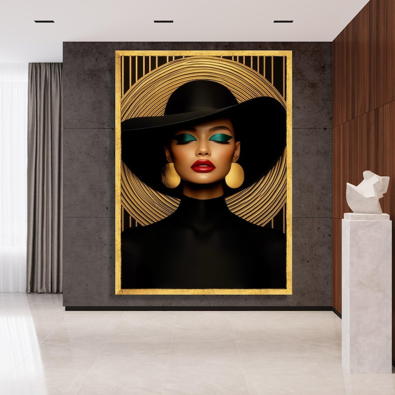 Modern Glam Portrait Canvas, Woman in Black Hat Wall Art, Gold Circle ...