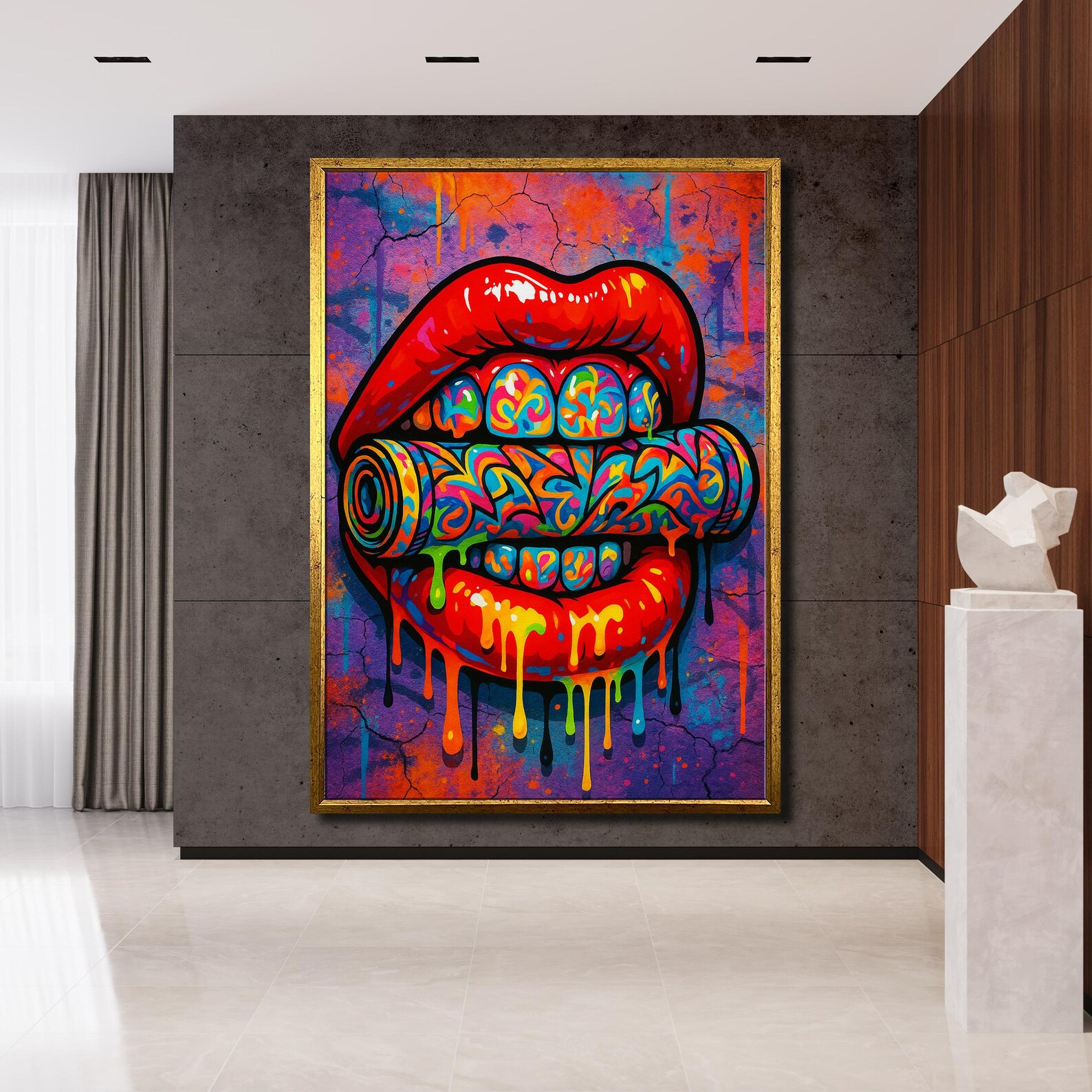 Dripping Pop Lips With Spray – Bold Street Style Canvas Painting, Ready ...