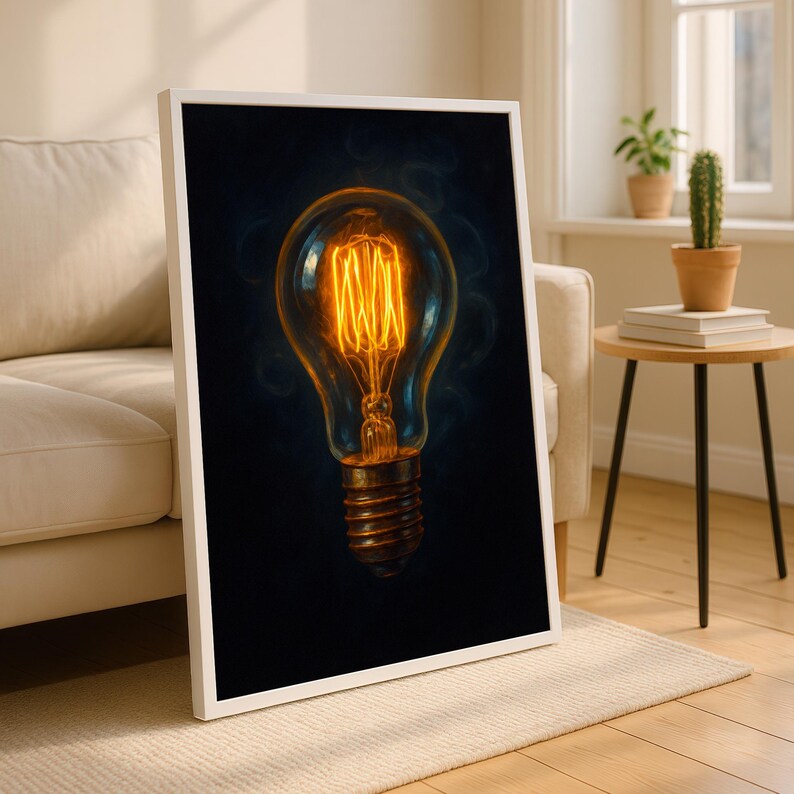 Glowing Light Bulb Canvas Painting – Vintage Edison Bulb Wall Art for ...