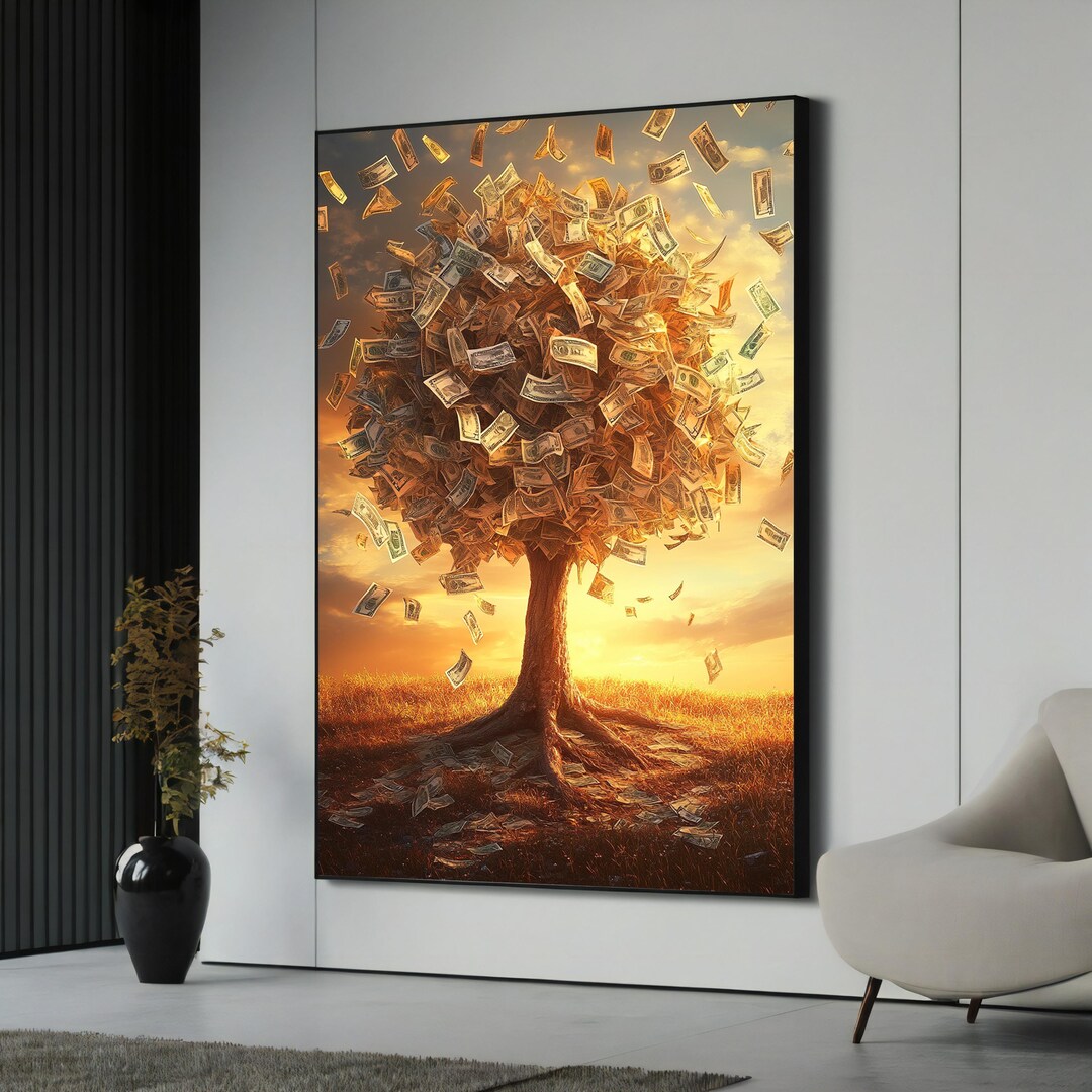 Surreal Money Tree Canvas Painting With Gold Sunrise | Abundance ...