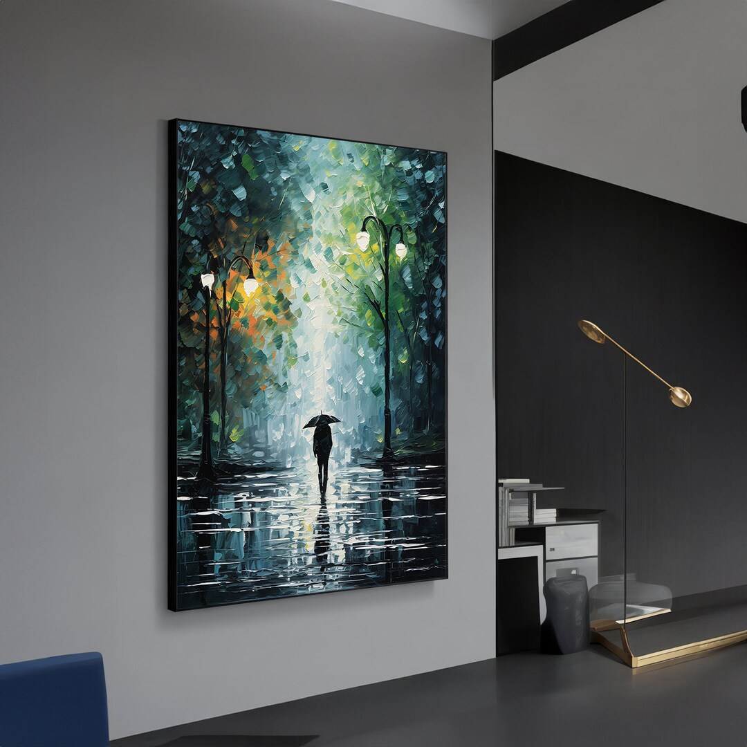 Person Walking Alone in Rain Canvas Art Moody Wall Decor for Reflective ...