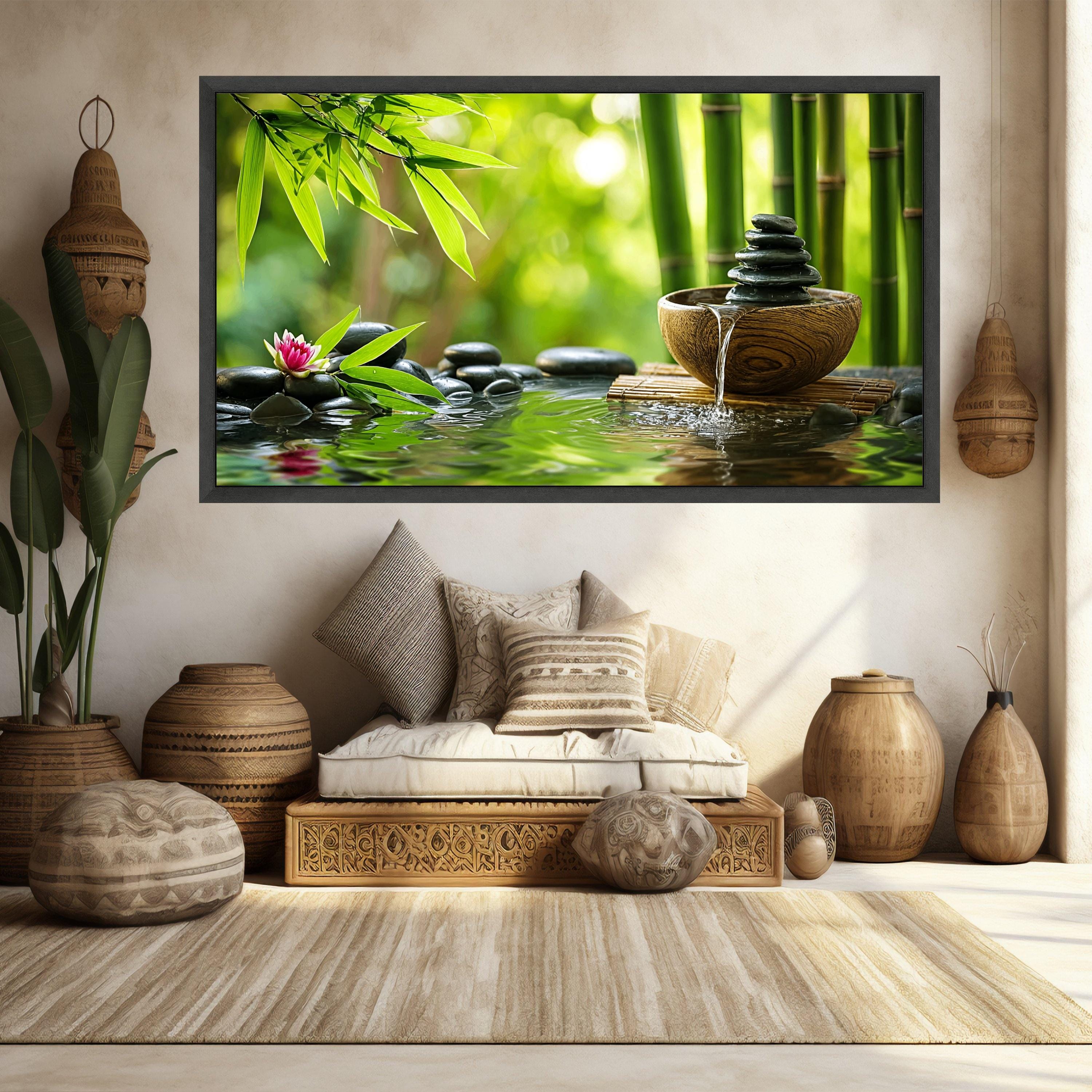Tranquil Zen Garden Canvas, Bamboo Water Fountain Wall Art, Spa ...