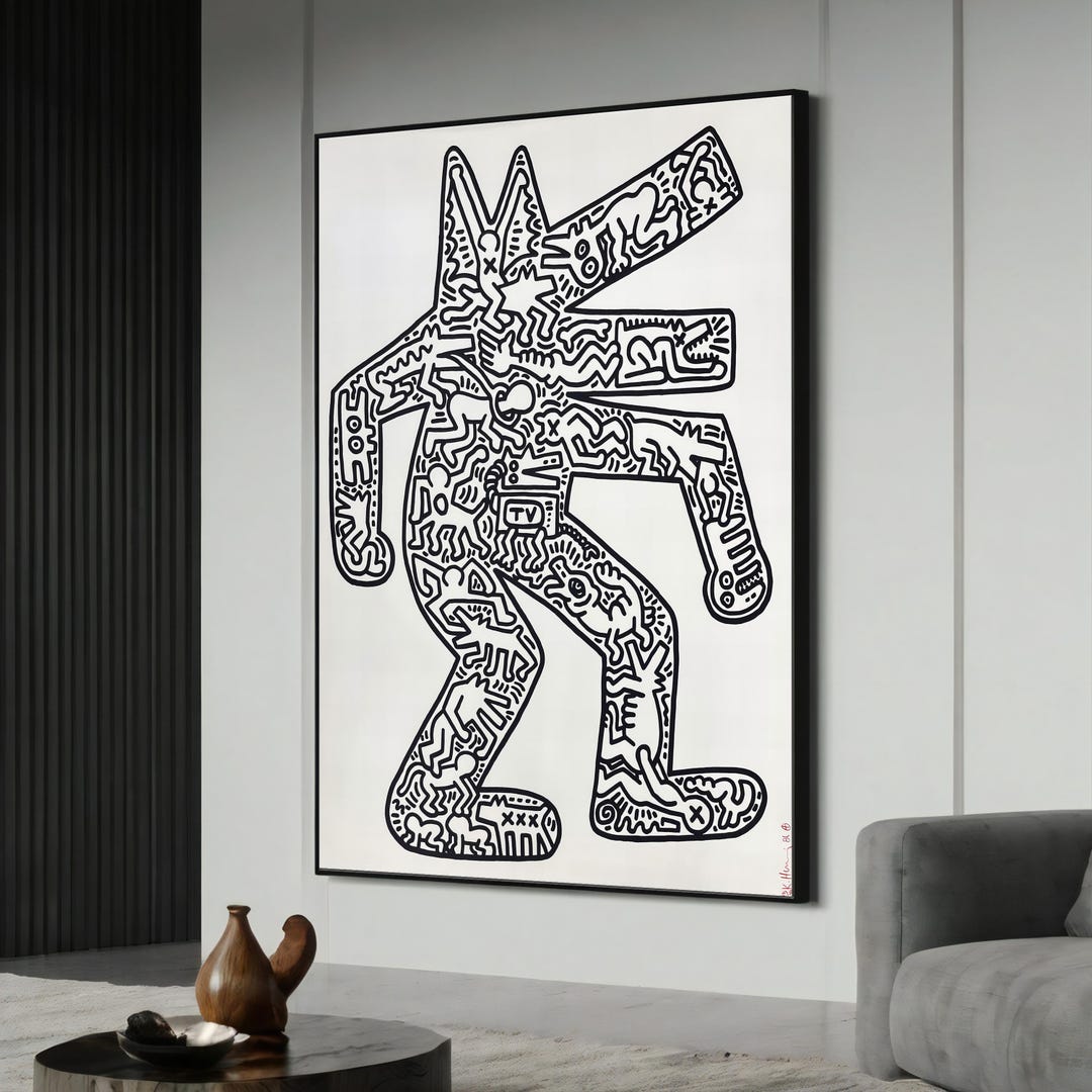 Keith Haring Abstract Dog Figure Canvas - Iconic Black and White Pop ...