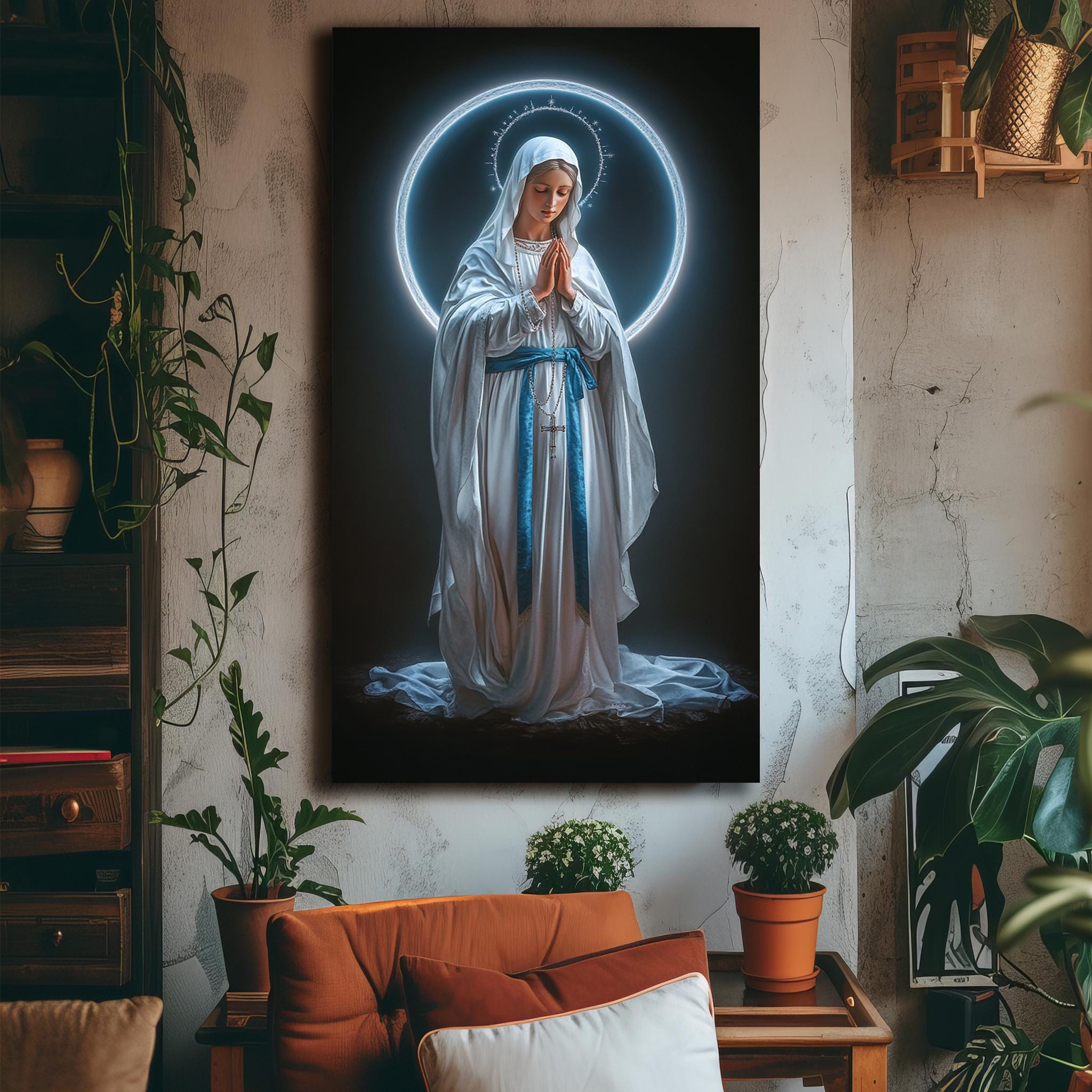Virgin Mary Neon Halo Canvas Painting, Holy Mother Religious Art ...