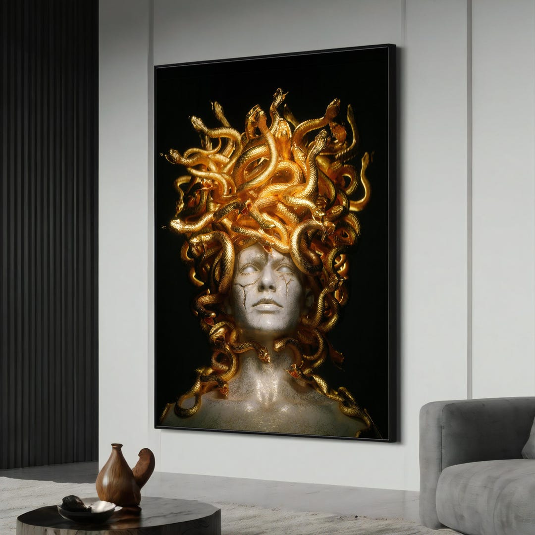 Golden Medusa Mythological Canvas Painting - Striking Modern Art Piece ...