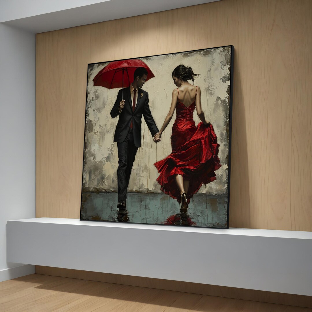 Romantic Couple Canvas Painting – Elegant Wall Art Gift Featuring a Red ...