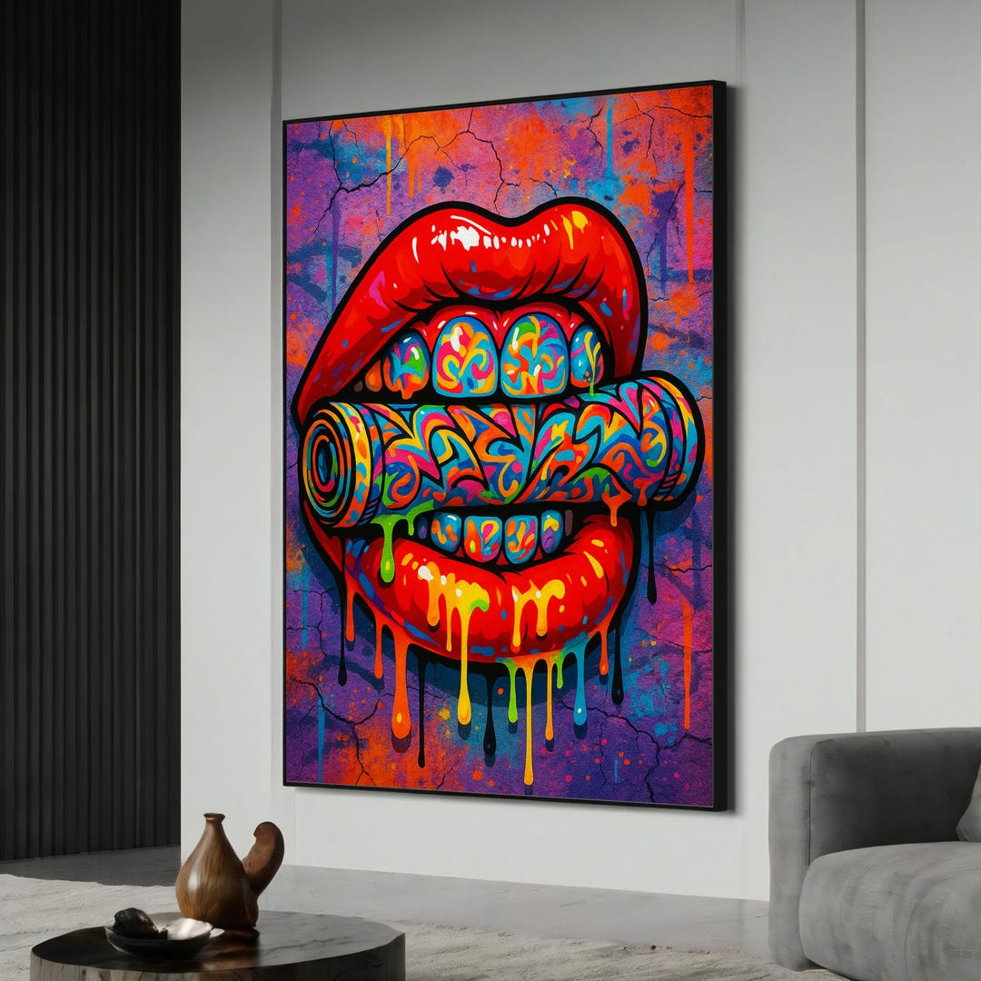 Dripping Pop Lips With Spray – Bold Street Style Canvas Painting, Ready ...