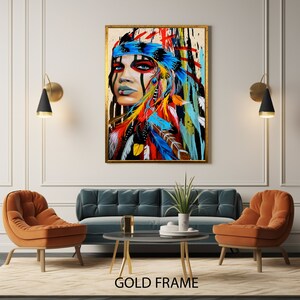 Native American Woman Canvas Wall Art, Feathered Hat Decor, Colorful ...