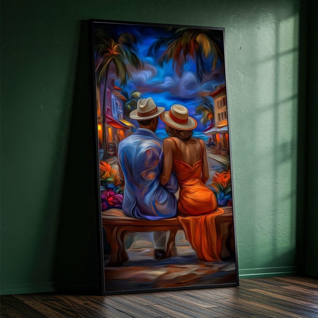 Romantic Evening Stroll Couple Canvas, Tropical Nightscape Wall Art ...