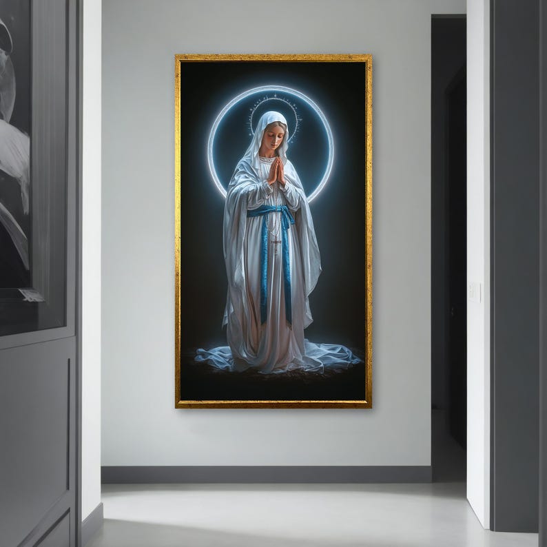 Virgin Mary Neon Halo Canvas Painting, Holy Mother Religious Art ...