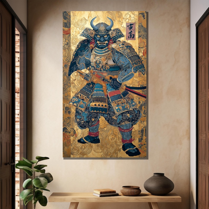 Samurai Warrior Canvas Painting – Japanese Armor Wall Art With Gold ...