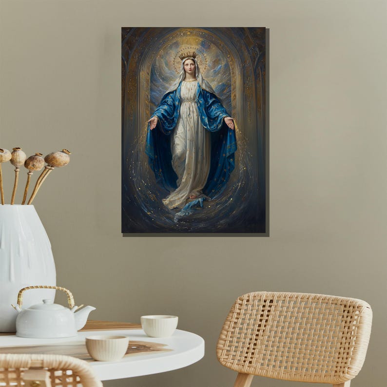 Virgin Mary Canvas Painting – Sacred Christian Wall Art in Blue and ...