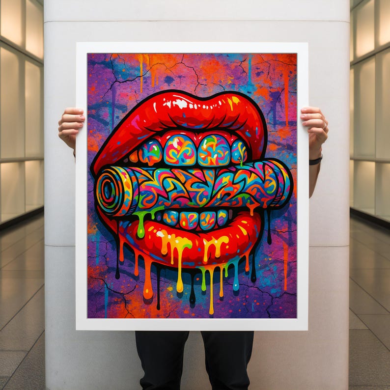 Dripping Pop Lips With Spray – Bold Street Style Canvas Painting, Ready ...