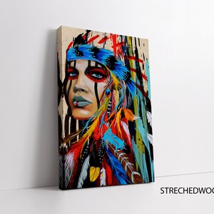 Native American Woman Canvas Wall Art, Feathered Hat Decor, Colorful ...