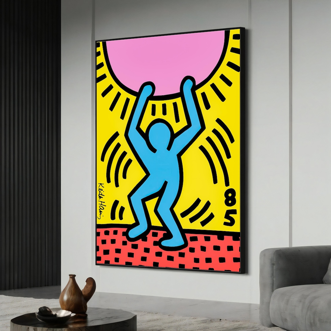 Keith Haring Blue Figure Lifting Sun Canvas - Iconic Pop Art Wall Decor ...
