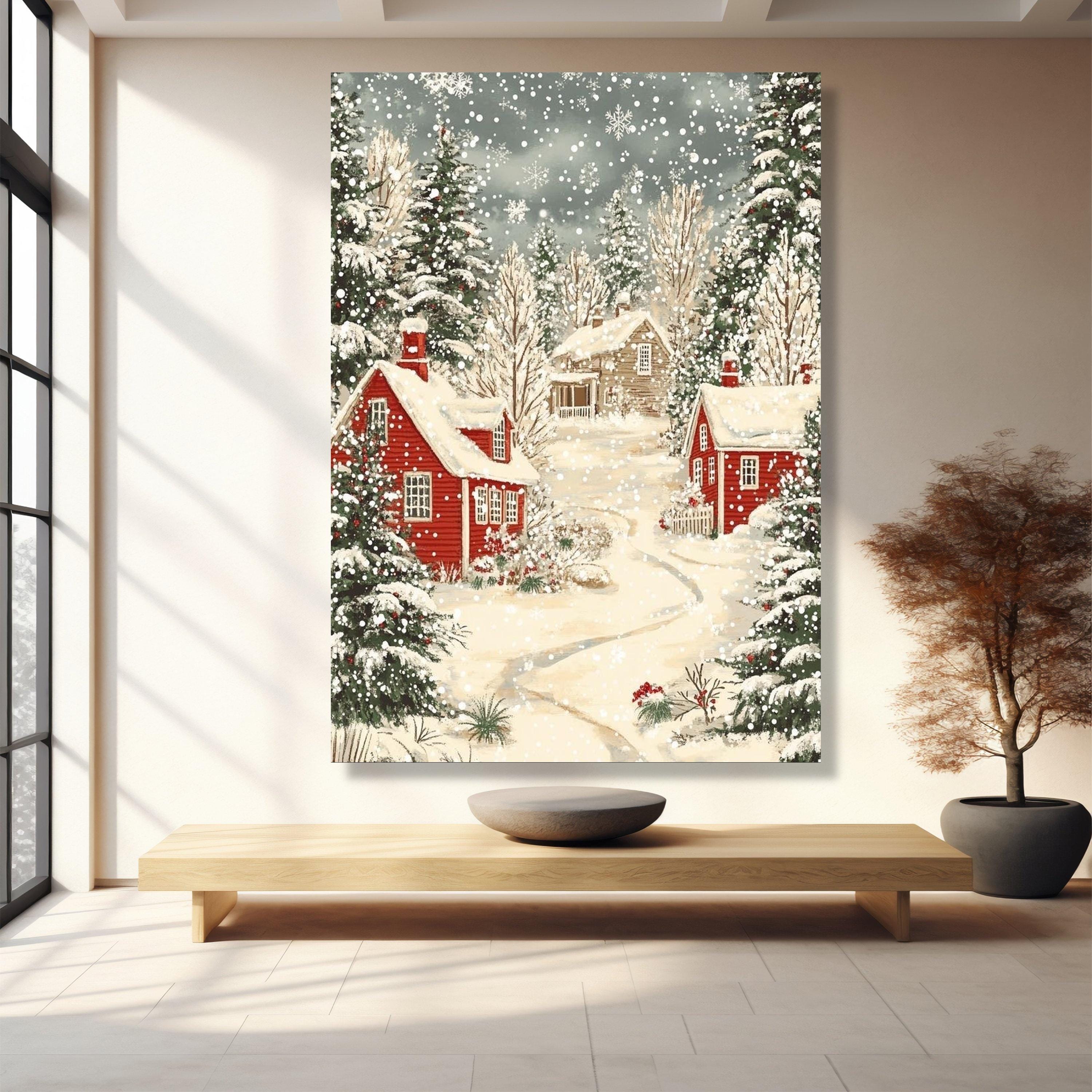 Cozy Winter Village Scene Canvas, Snowy Landscape Wall Art, Holiday ...