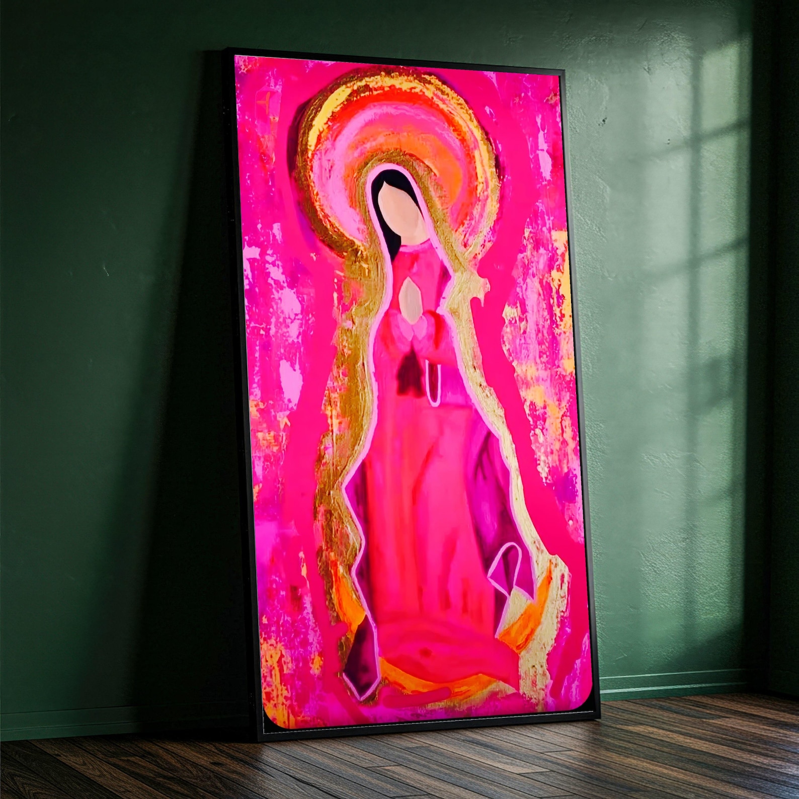 Vibrant Abstract Virgin Mary Canvas, Religious Wall Art, Pink and Gold ...
