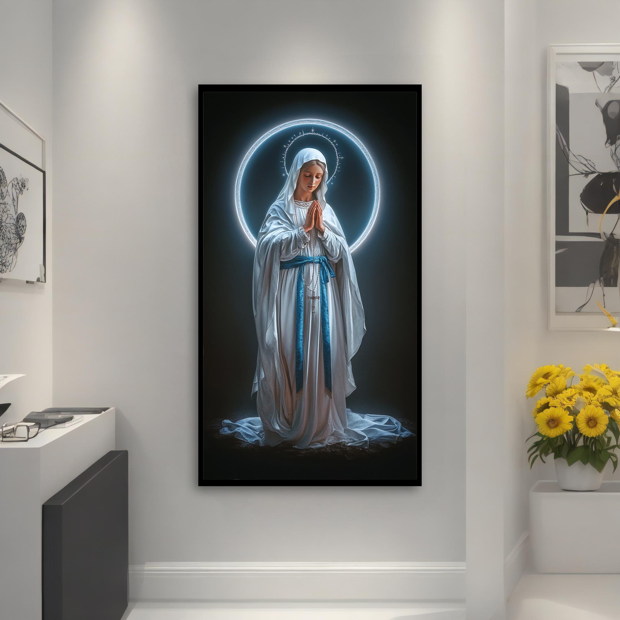 Virgin Mary Neon Halo Canvas Painting, Holy Mother Religious Art ...