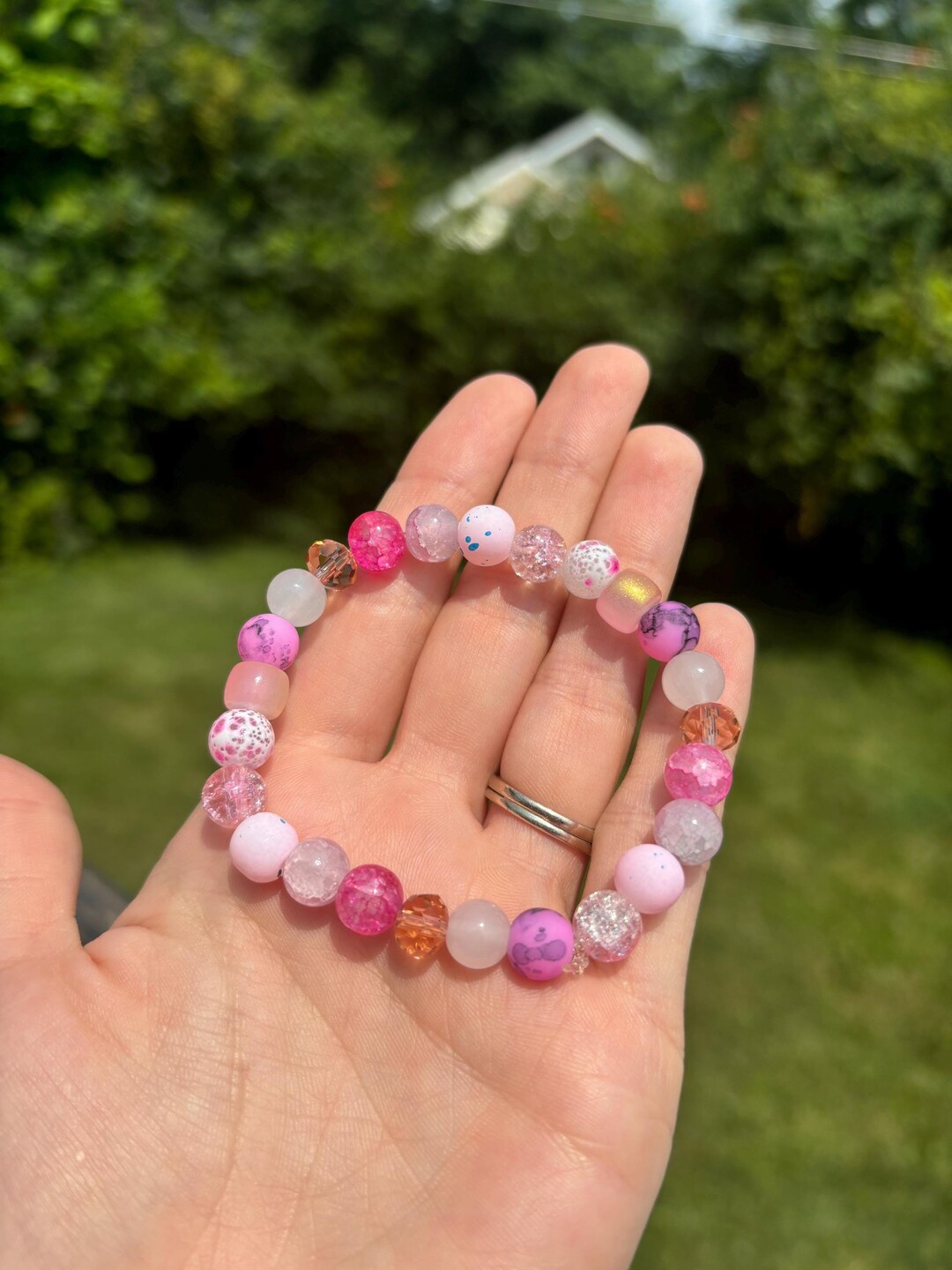 Pink Glass Crystal Bracelet, Pink Glass Beaded Bracelet, Handmade ...