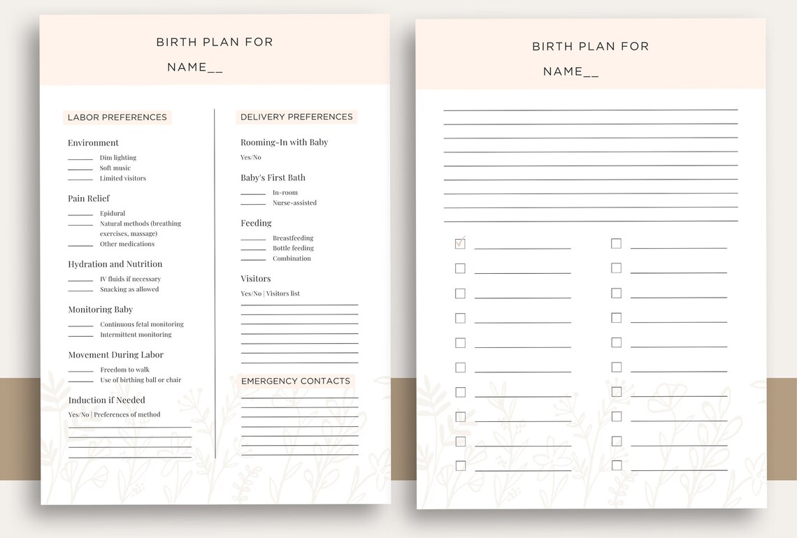 Pink and White Modern Birth Plan Checklist Planner, Birth Plan Template ...