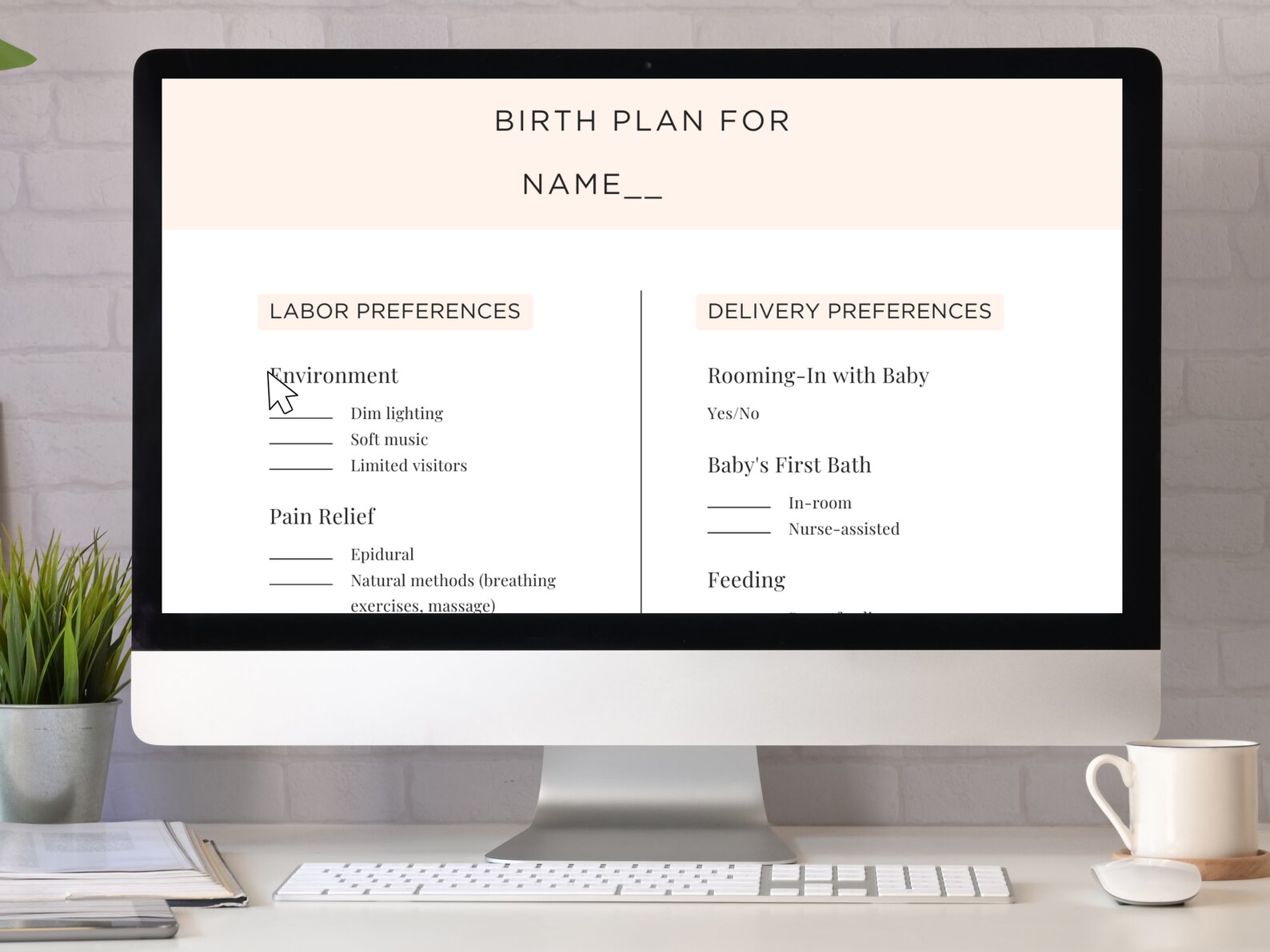 Pink and White Modern Birth Plan Checklist Planner, Birth Plan Template ...