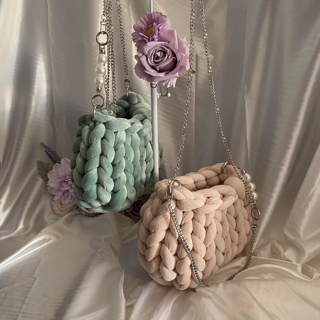 Y2k Chunky Yarn Bag With Silver Hardware Ribbons Customizable Straps ...