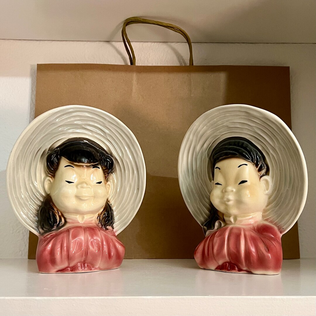 Royal Copley Pottery Asian Girl Boy Wall Pocket Planter Gift Tabletop ...