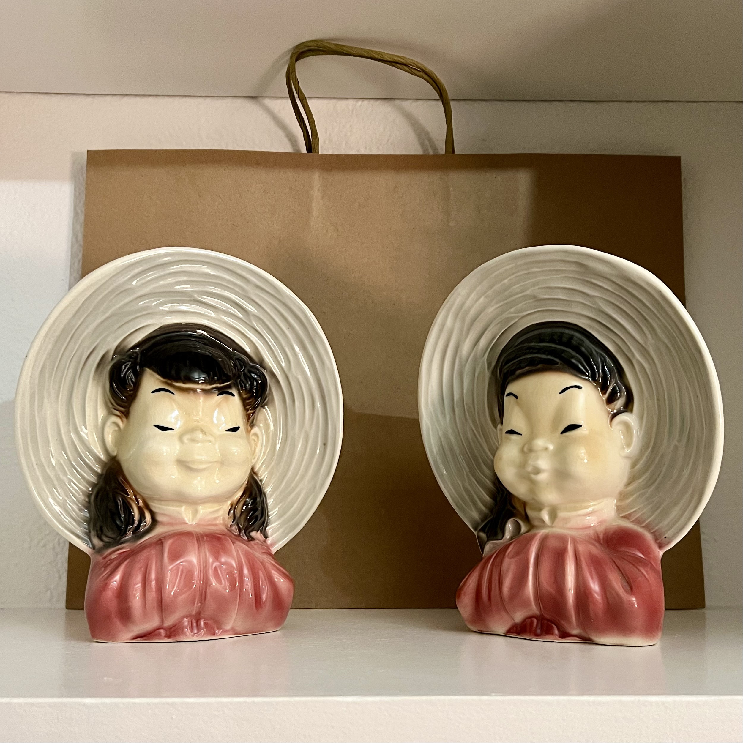 Royal Copley Pottery Asian Girl Boy Wall Pocket Planter Gift Tabletop ...