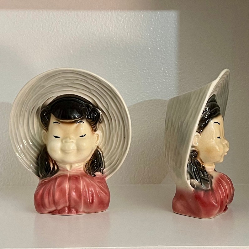 Royal Copley Pottery Asian Girl Boy Wall Pocket Planter Gift Tabletop ...