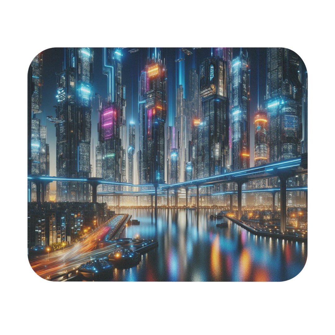A Futuristic Cityscape With Neon Lights. Mouse Pad - Etsy