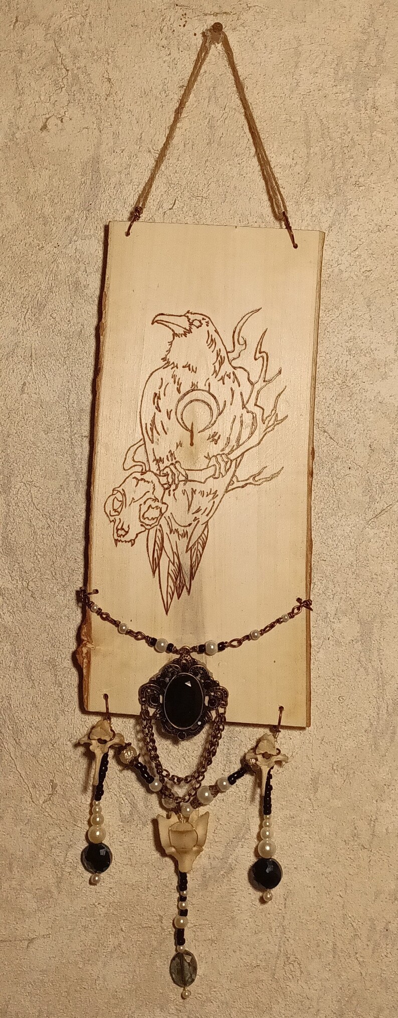 Nevermore Raven Pyrography With Bone and Beads - Etsy