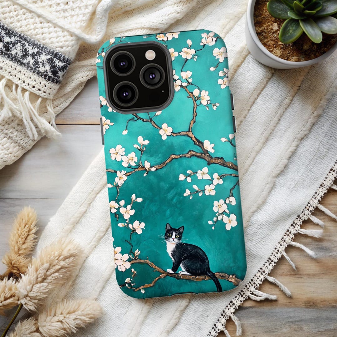 Van Gogh Almond Blossom & Black Cat Phone Case for iPhone 16 15 14 13 ...