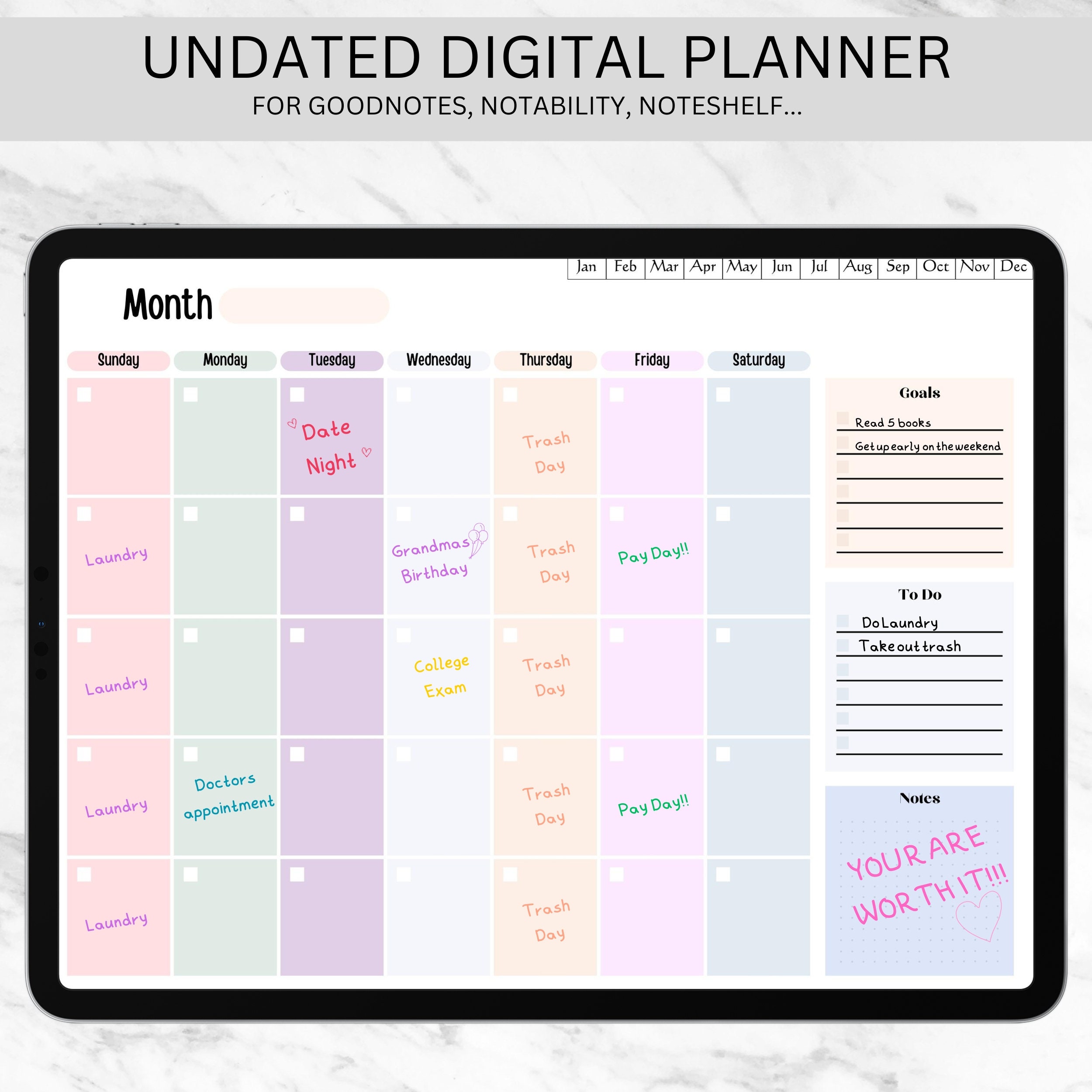 Monthly Planner Goodnotes Template, Undated Monthly Planner, Monthly ...
