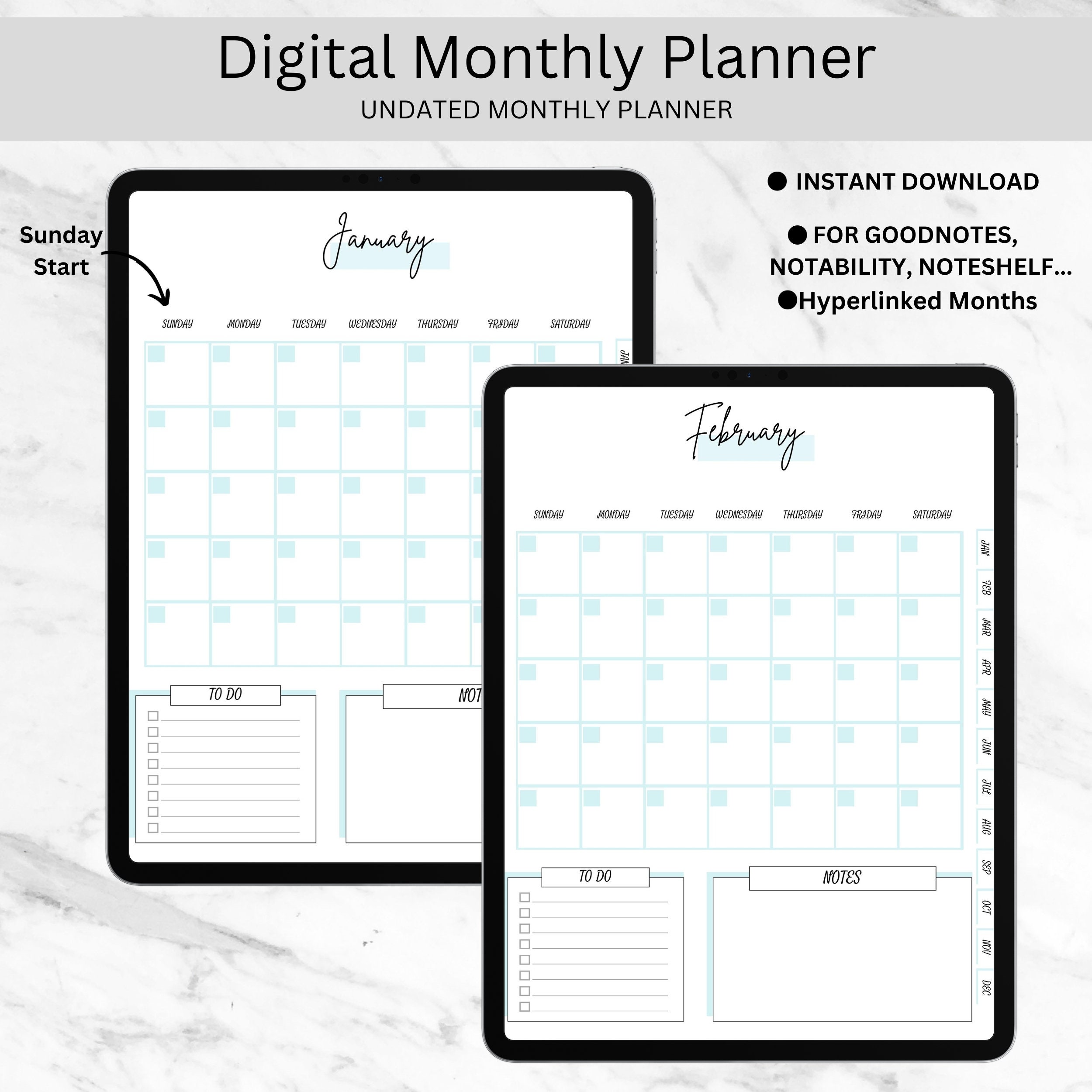 Monthly Planner Goodnotes Template, Undated Monthly Planner, Monthly ...
