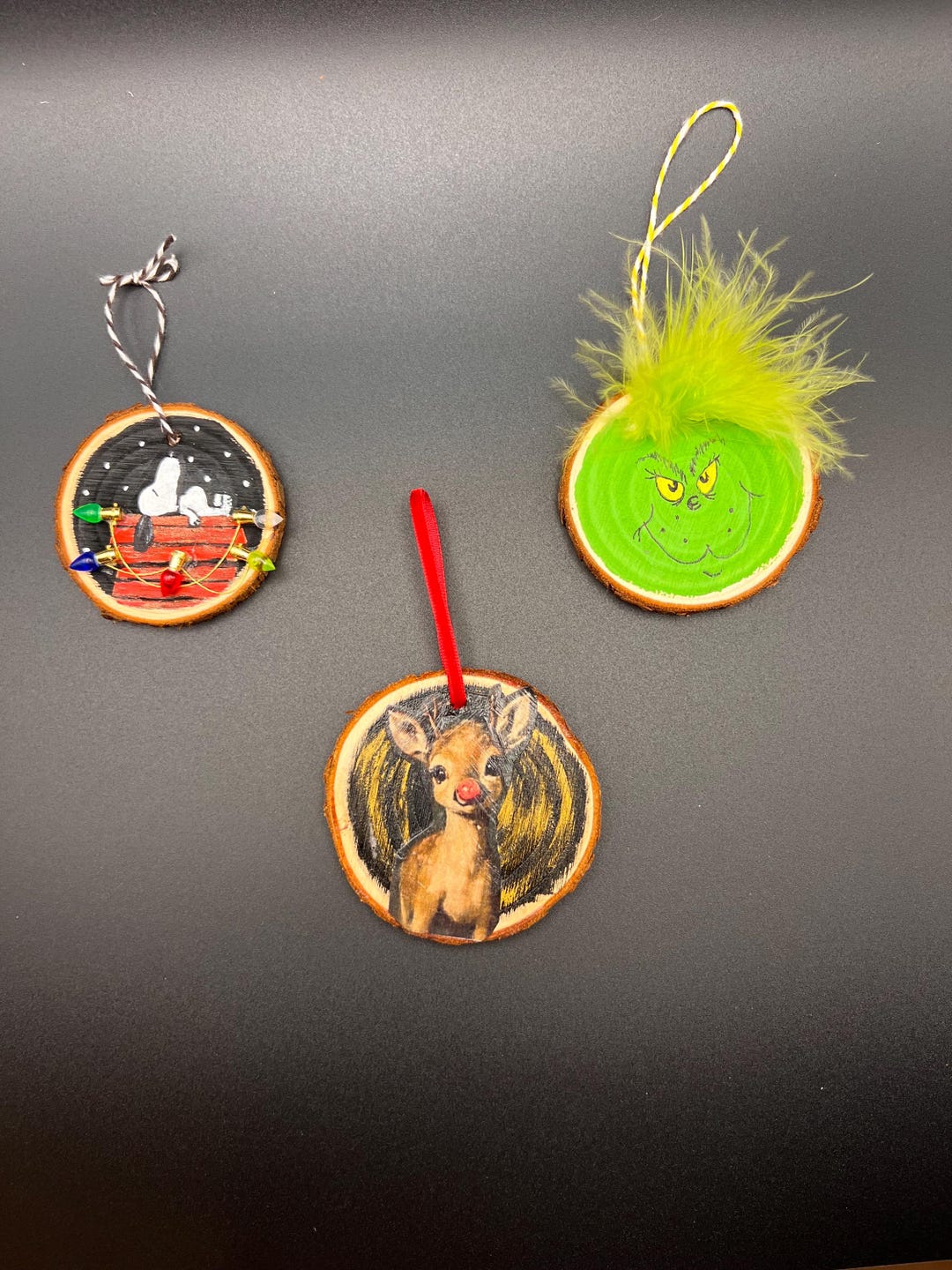 Hand Painted Wood Slice Ornaments-snoopy, Grinch and Rudolph Mixed ...