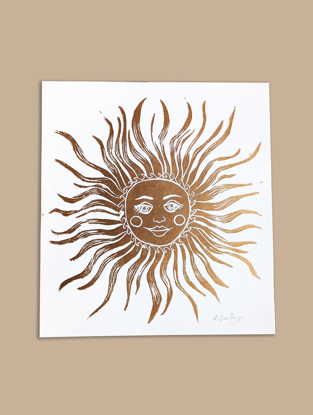 Golden Smiling Sun, Original Lino Print, Handprinted in Metallic Golden ...