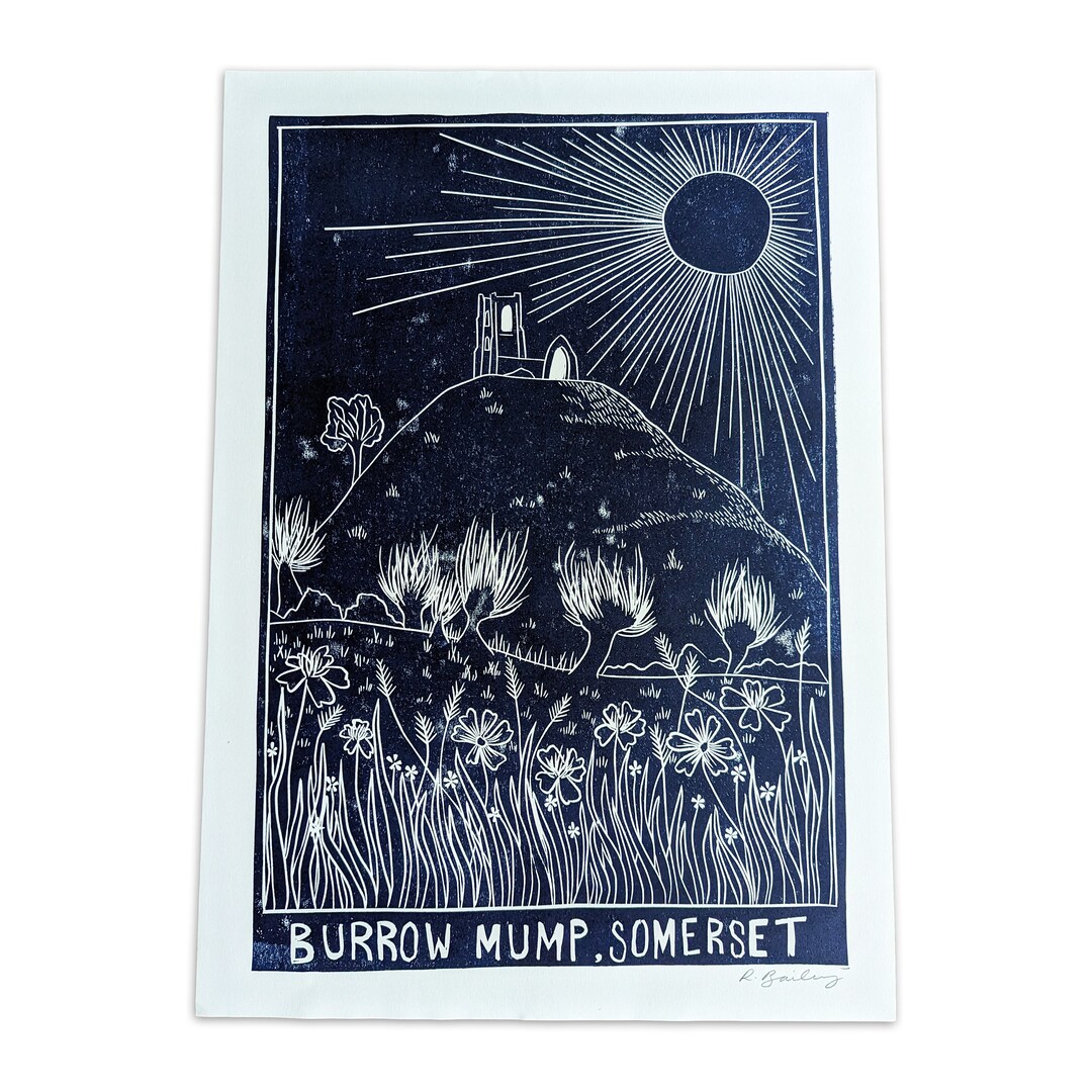 Burrow Mump, Somerset. Original A3 Lino Print, Available in Prussian ...