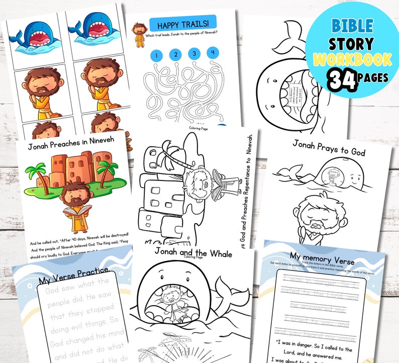 Jonah & the Whale Bible Story Workbook | Kids Memory Verses| Homeschool ...