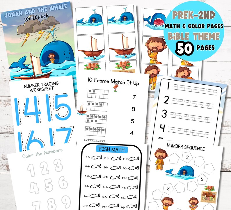 Jonah and the Whale Activity Book: Bible Math & Coloring Pages (PDF) - Etsy