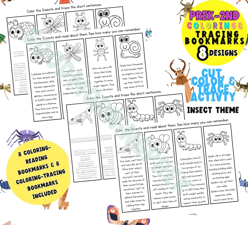 Preschool Coloring BOOKMARKS |INSECTS Themedactivity|tracing Writing ...