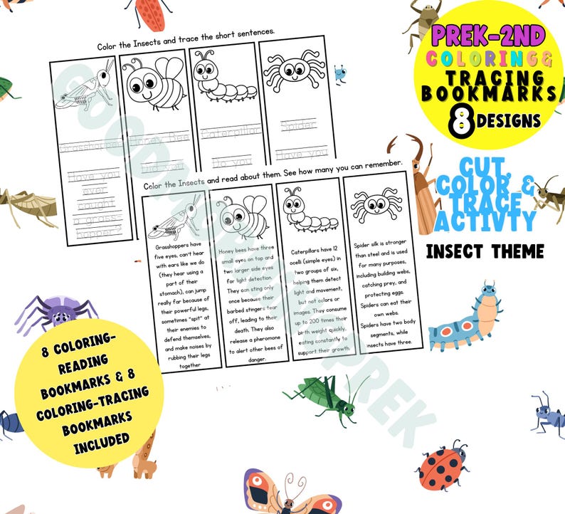 Insects Coloring Bookmarks: Tracing & Writing Practice (PDF) - Etsy