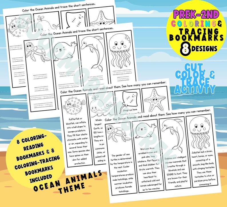 Ocean Theme Preschool Bookmarks: Coloring & Tracing Activity (digital ...