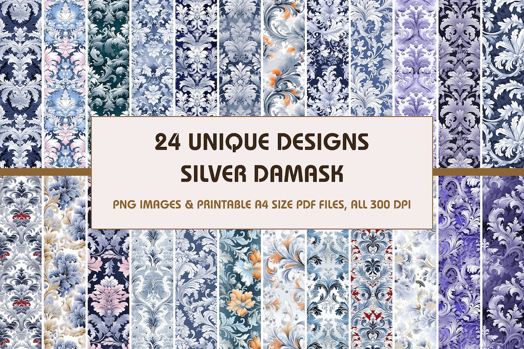 Silver Damask Dollhouse Wallpaper: 24 Printable Retro Miniature Designs ...