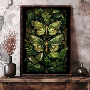 Celestial Green Moth Poster, Goth Butterflies Wall Art Illustration ...