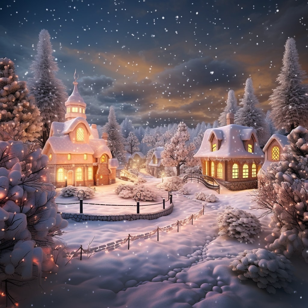 Enchanted Cottages in Snow Greeting Card, Whimsical Forest Greetings ...