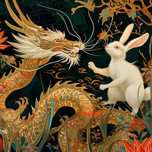 Gold Dragon Chasing Away White Rabbit Wall Art, Dragon Decor , Dragon ...