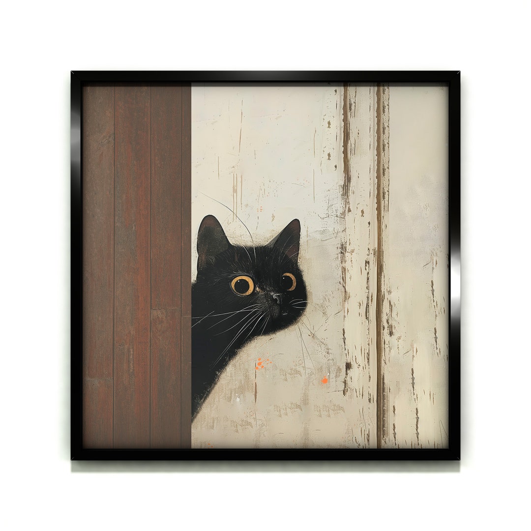 Peeking Black Cat Kitten Square Wall Art, Minimalistic Digital Vintage ...