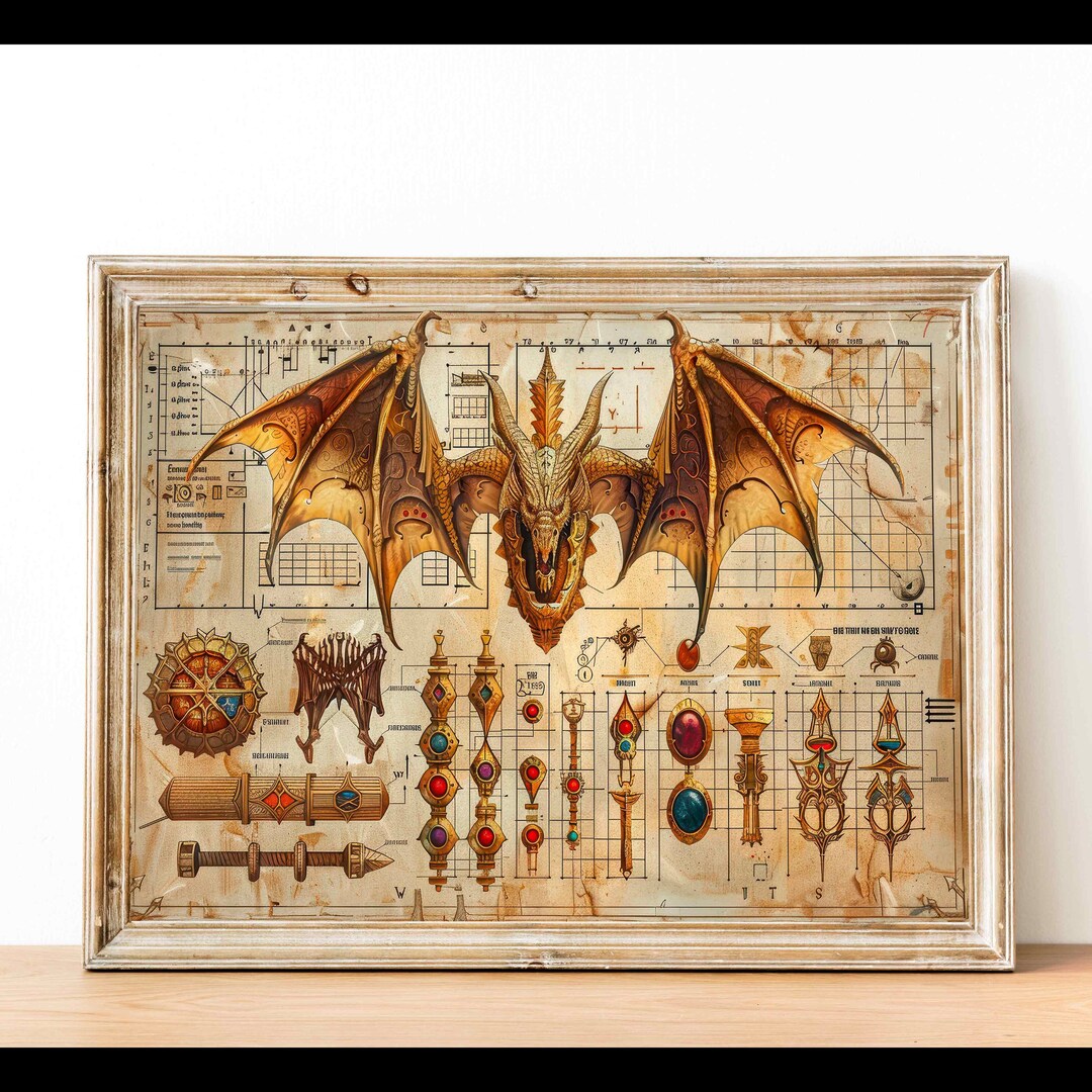 Dragon Drawing Poster Fantasy Art Print, Large Dragon Vintage-style ...